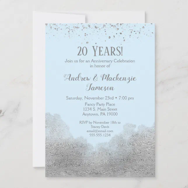 Blue Silver Confetti Anniversary Invitation | Zazzle