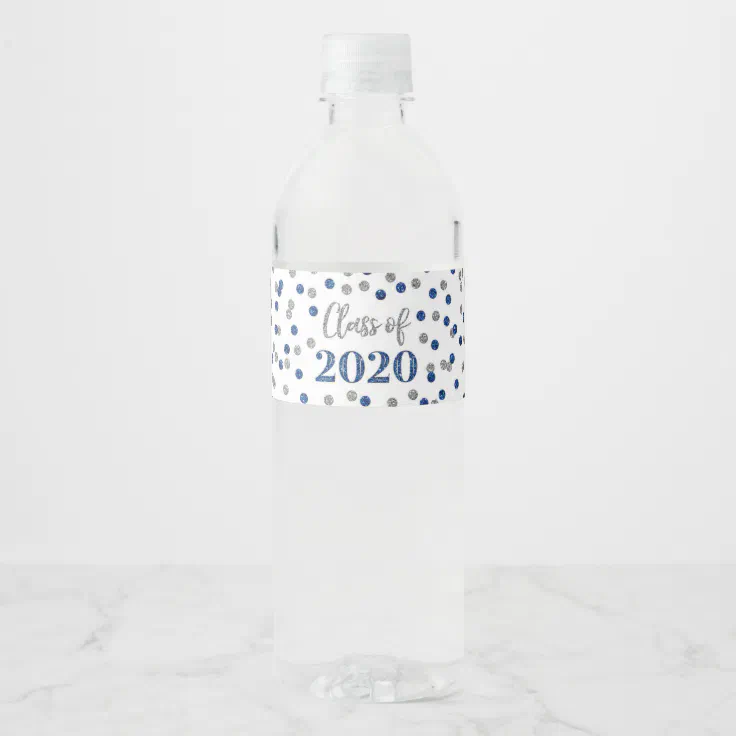 Blue Silver Confetti Class of 2020 Graduation Water Bottle Label | Zazzle