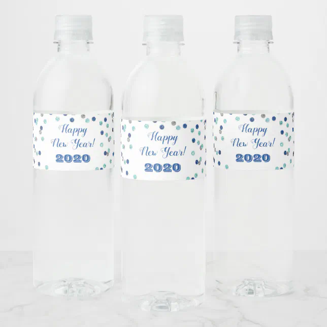 Blue Silver Confetti Custom Happy New Year Water Bottle Label | Zazzle