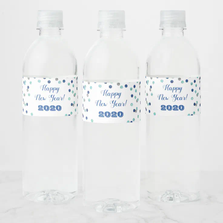Blue Silver Confetti Custom Happy New Year Water Bottle Label | Zazzle