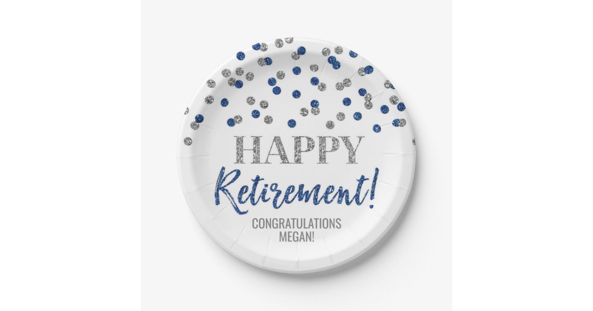 Blue Silver Confetti Happy Retirement Paper Plates | Zazzle