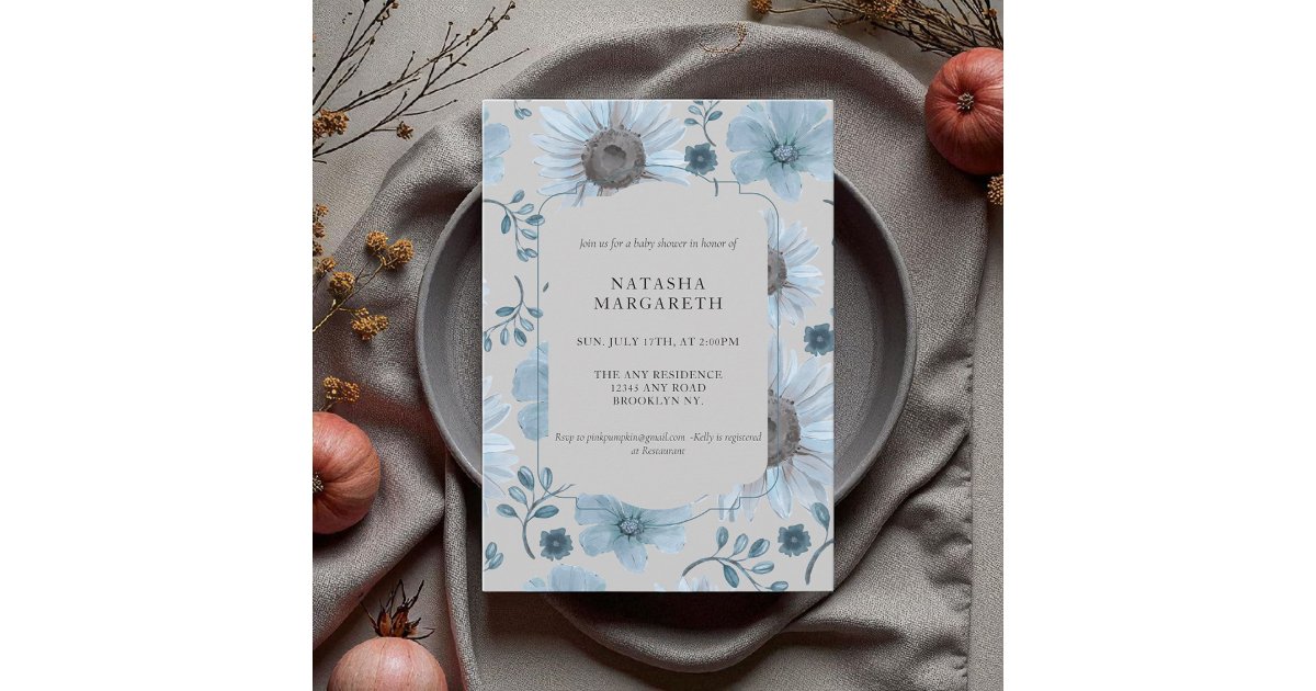 Blue Silver Floral Winter Baby Shower Elegant Boho Invitation | Zazzle