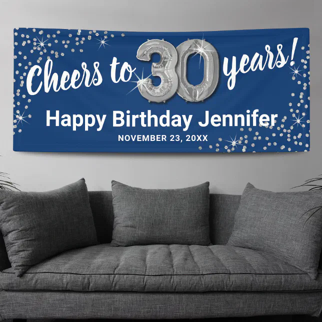 Blue Silver Glitter 30th Birthday Banner | Zazzle