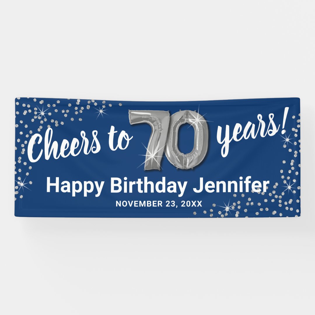 Blue Silver Glitter 70th Birthday Banner | Zazzle