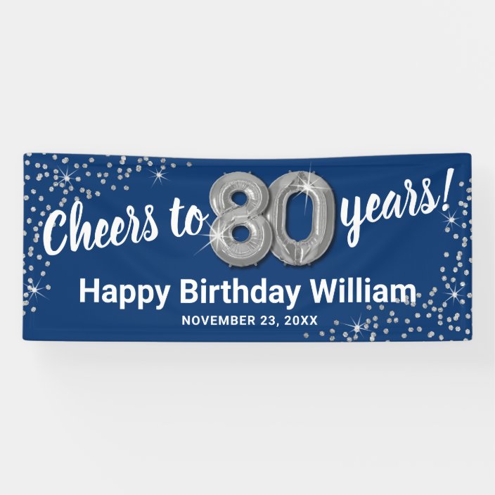 Blue Silver Glitter 80th Birthday Banner | Zazzle.com