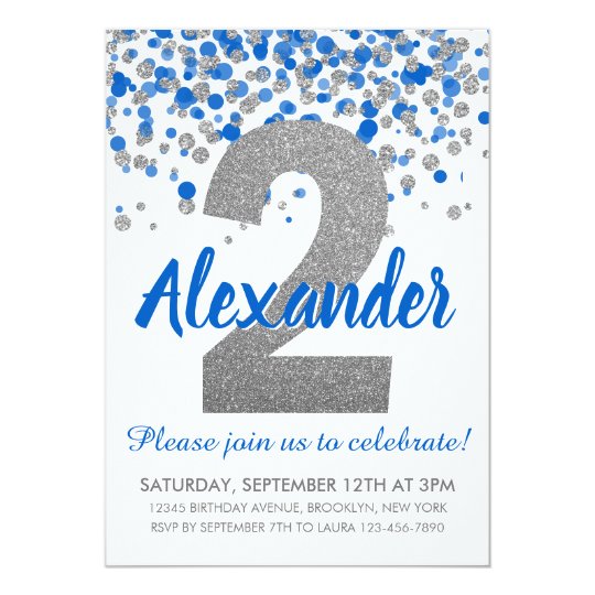 Blue Silver Glitter Confetti Boy Second Birthday Invitation | Zazzle.com