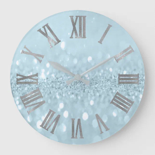 Blue Silver Glitter Gray Metal Roman Numbers Large Clock | Zazzle