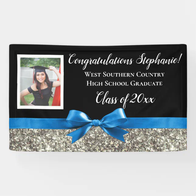 Blue Silver Glitter Photo Graduation Banner Sign | Zazzle