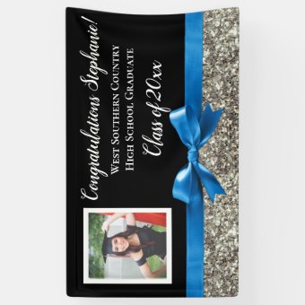Blue Silver Glitter Photo Graduation Banner Sign | Zazzle