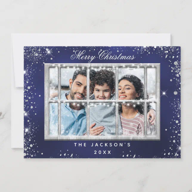Blue silver glitter photo window Christmas card | Zazzle