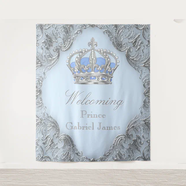 Blue Silver Royal Prince Baby Shower Backdrop | Zazzle