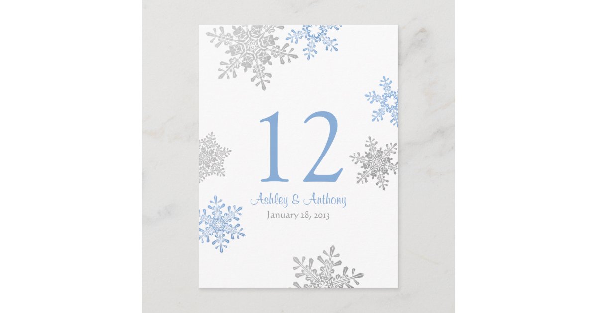 Blue Silver Snowflake Winter Wedding Table Card | Zazzle