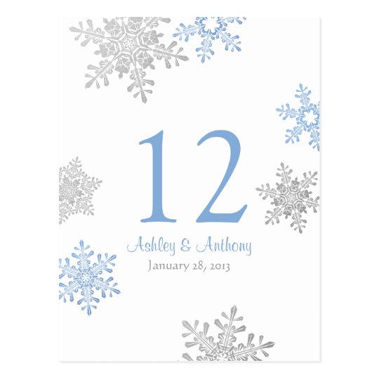 Blue Silver Snowflake Winter Wedding Table Card | Zazzle.com