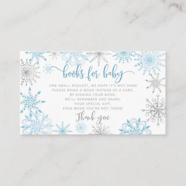 Blue silver snowflakes books for baby ticket enclosure card | Zazzle