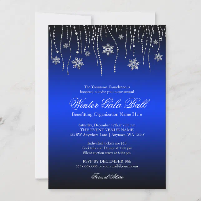 Blue Silver Snowflakes Gala Ball Invitations | Zazzle