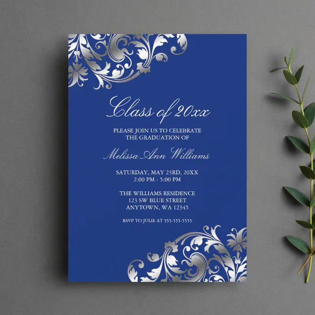 Blue Silver Swirl Graduation Party Announcement | Zazzle