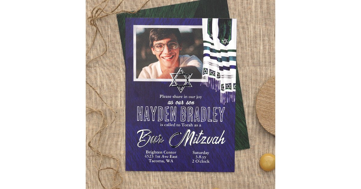 Blue, Silver, Teal Striped Tallit Bar Mitzvah Foil Invitation | Zazzle