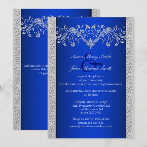 Blue silver wedding anniversary floral invitation | Zazzle