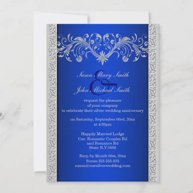 Blue silver wedding anniversary floral invitation | Zazzle