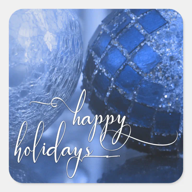 Blue, Silver & White Happy Holidays Greeting Square Sticker | Zazzle