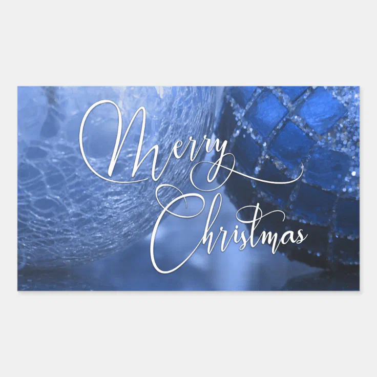 Blue, Silver & White Merry Christmas Greeting Rectangular Sticker | Zazzle