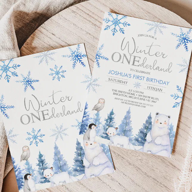 Blue Silver Winter Animals Onederland Birthday Invitation | Zazzle