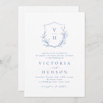 Blue simple botanical crest monogram wedding invitation | Zazzle