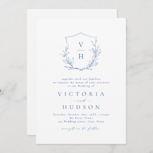 Blue simple botanical crest monogram wedding invitation | Zazzle
