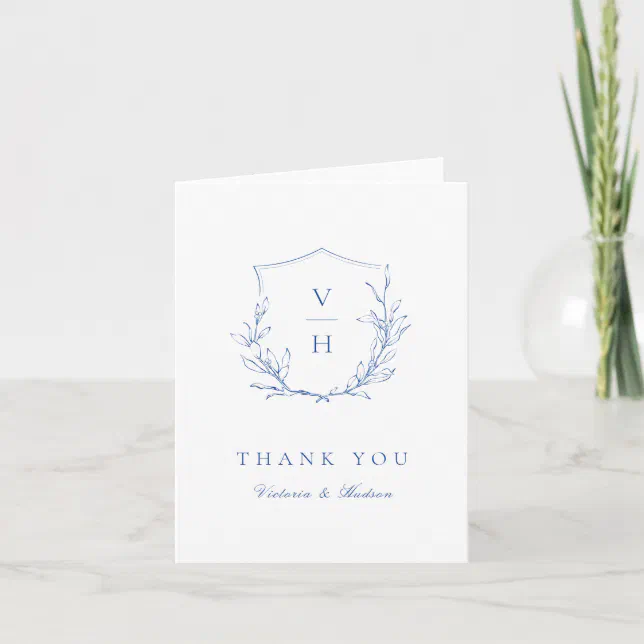 Blue simple botanical crest monogram wedding thank you card | Zazzle