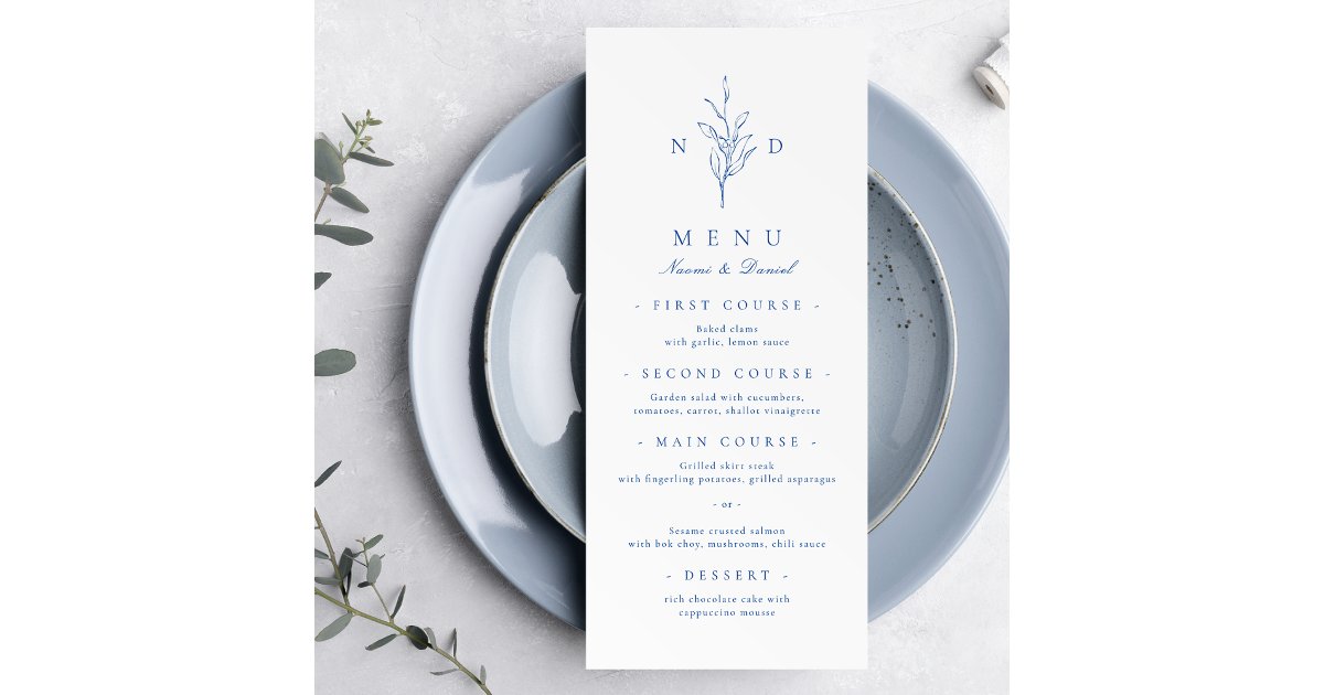 Blue simple elegant botanical monogram wedding menu | Zazzle