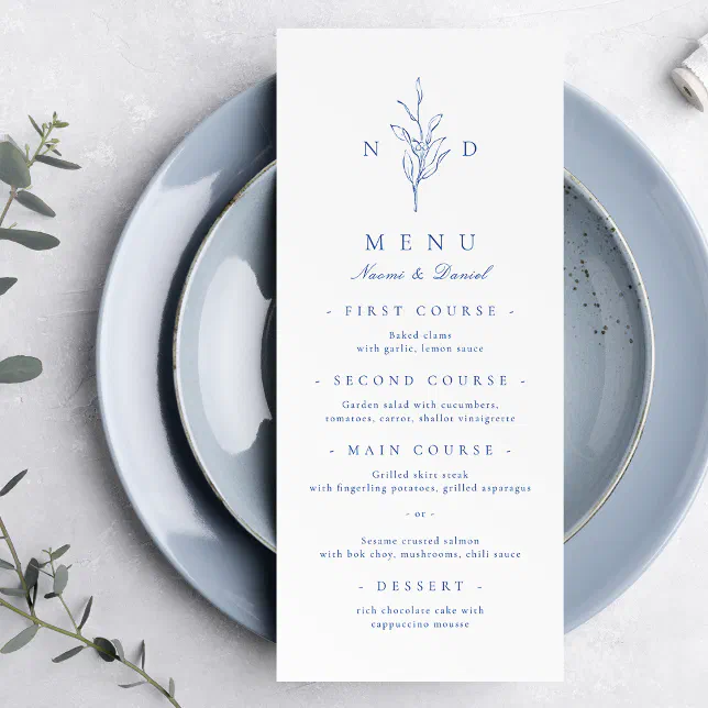 Blue simple elegant botanical monogram wedding menu | Zazzle