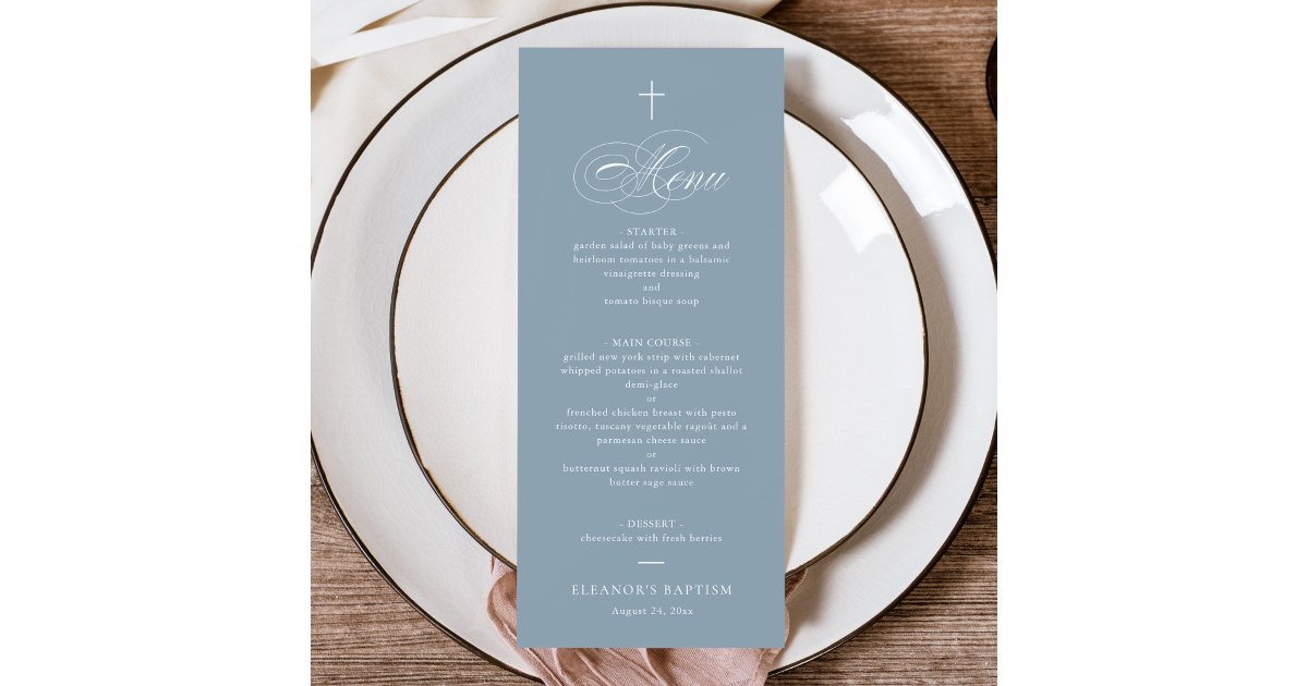 Blue Simple Elegant Cross Calligraphy Baptism Menu | Zazzle