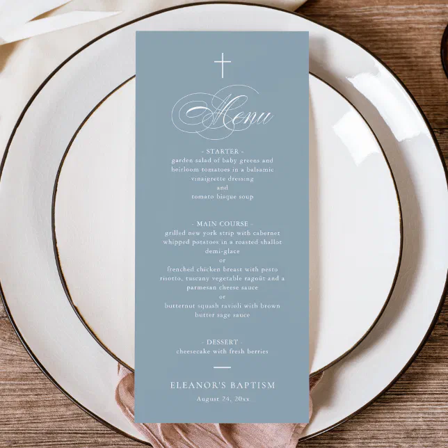 Blue Simple Elegant Cross Calligraphy Baptism Menu | Zazzle