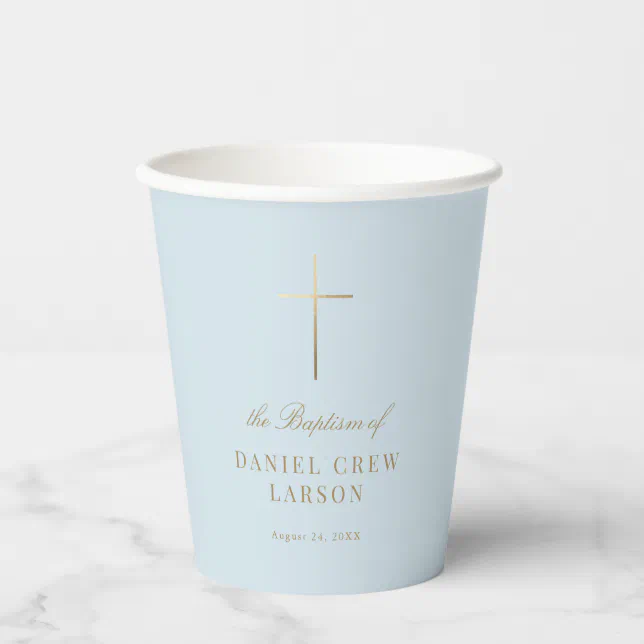 Blue Simple Elegant Gold Cross Baptism Christening Paper Cups | Zazzle