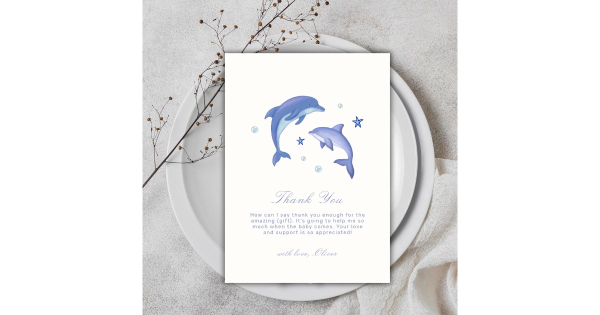 Blue Simple Summer Dolphin Stars Baby Shower Thank You Card | Zazzle