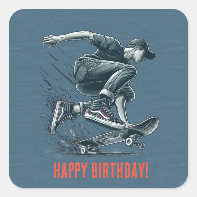 Blue Skateboarder Burnt Orange Happy Birthday Boy Square Sticker | Zazzle