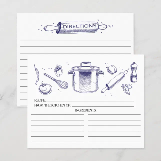 Blue Sketched Kitchen Tools Recipe Cards | Zazzle