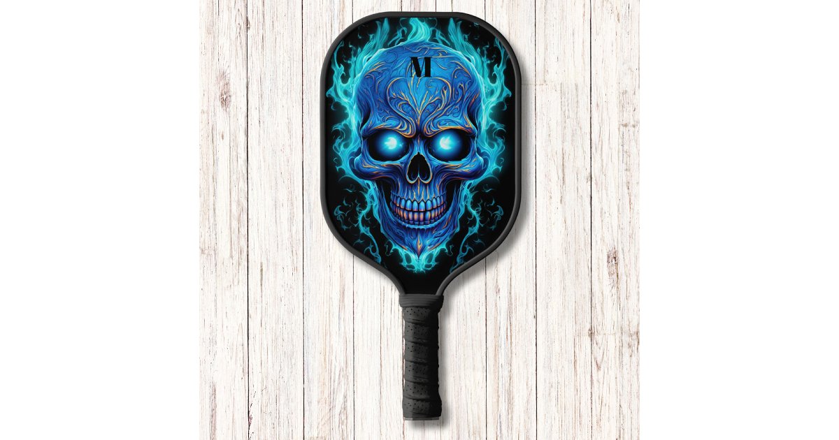Blue Skull with Blue Flames Modern Monogram Pickleball Paddle | Zazzle