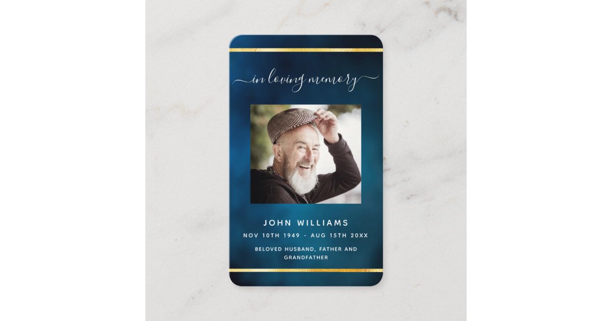 Blue sky gold photo funeral prayer card | Zazzle