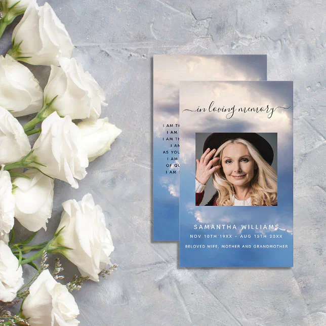 Blue sky gold photo funeral prayer card | Zazzle