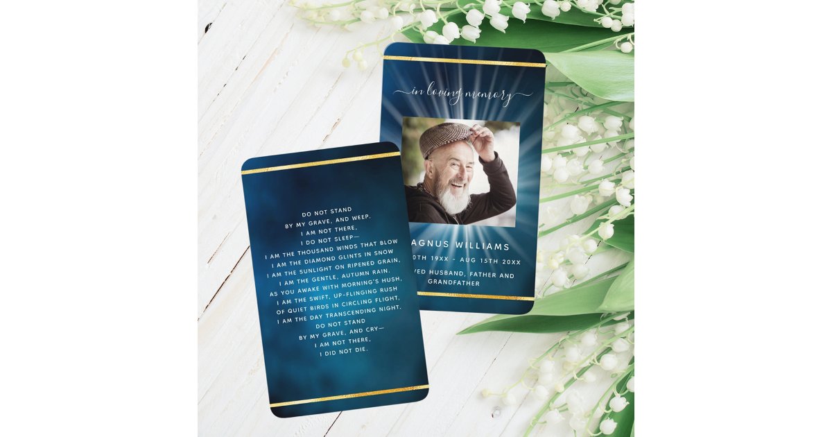 Blue sky gold photo funeral prayer card | Zazzle