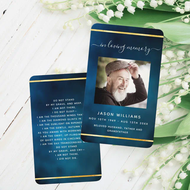 Blue sky gold photo funeral prayer card | Zazzle