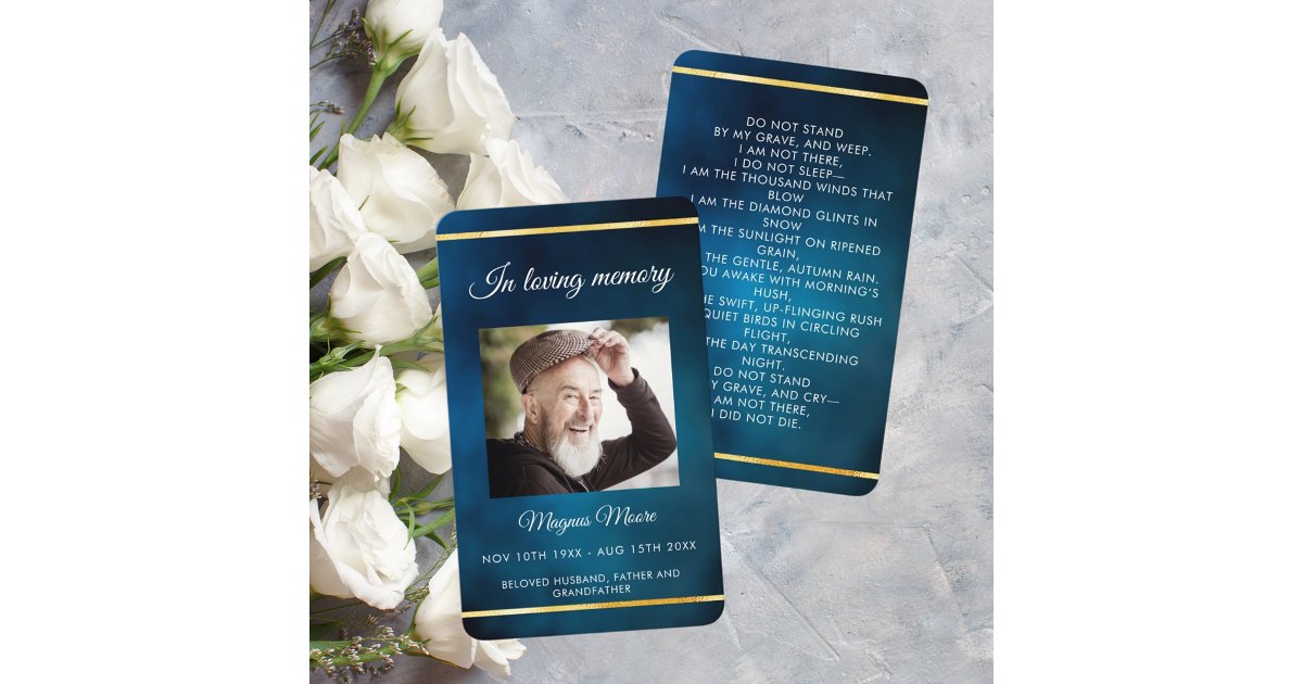 Blue sky gold photo funeral prayer card | Zazzle
