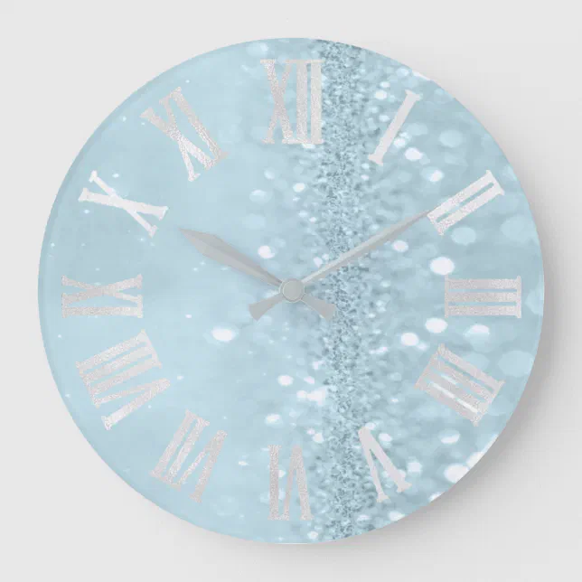 Blue Sky Silver Glitter Gray Roman Numbers Large Clock | Zazzle