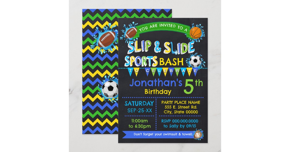 Blue Slip & Slide Sports Birthday Summer Party Invitation | Zazzle