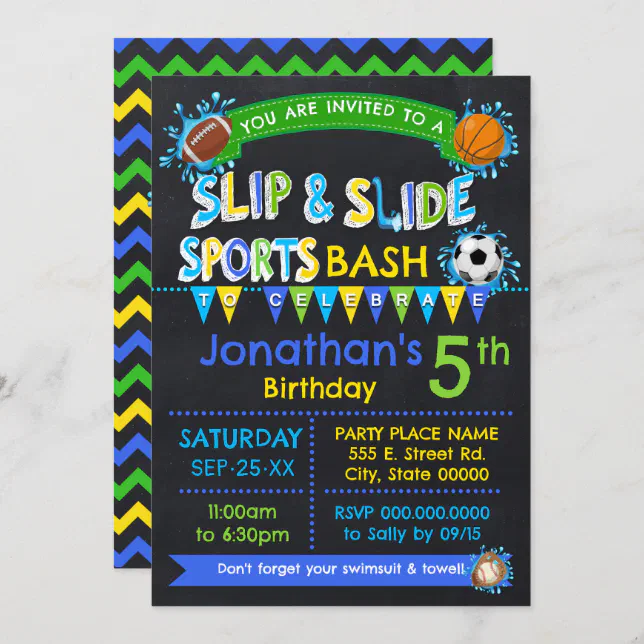 Blue Slip & Slide Sports Birthday Summer Party Invitation | Zazzle
