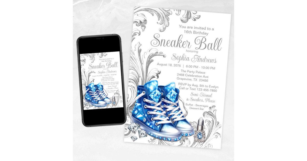 Blue Sneaker Ball Birthday Party Invitation | Zazzle