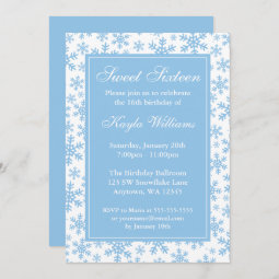 Blue Snowflake Border Winter Wonderland Sweet 16 Invitation | Zazzle