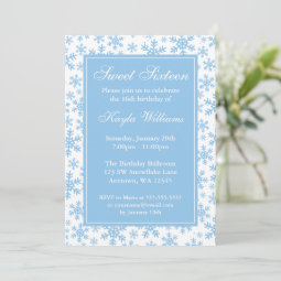 Blue Snowflake Border Winter Wonderland Sweet 16 Invitation | Zazzle