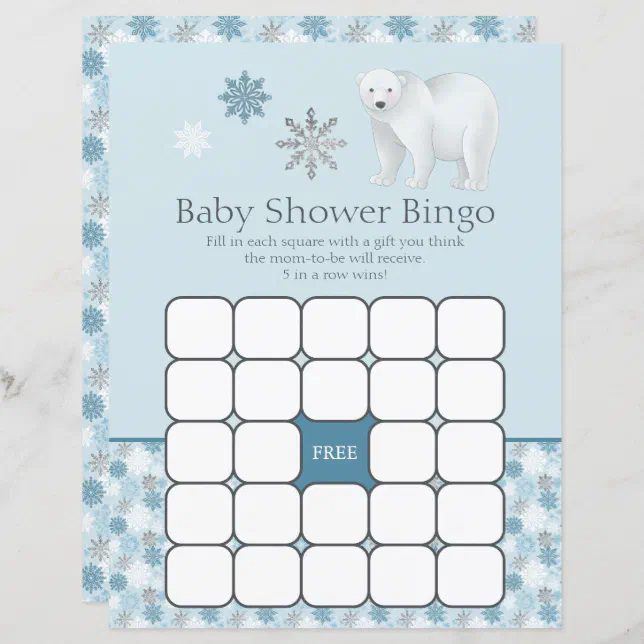 Blue Snowflake Polar Bear Baby Shower Bingo Game | Zazzle